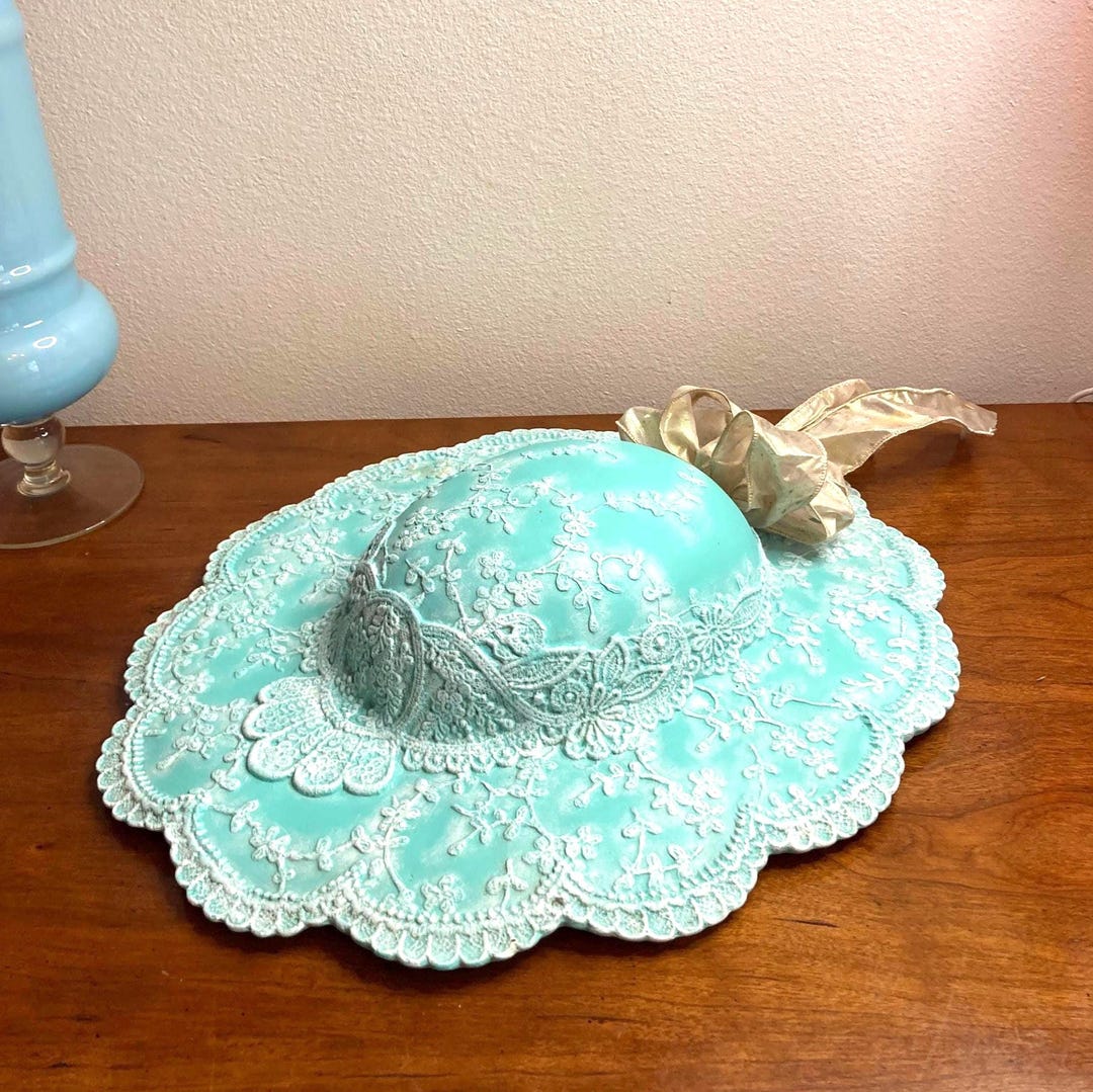 90s Ceramic Bonnet Hat Wall Decor, Eggshell Blue Lace, French Country ...