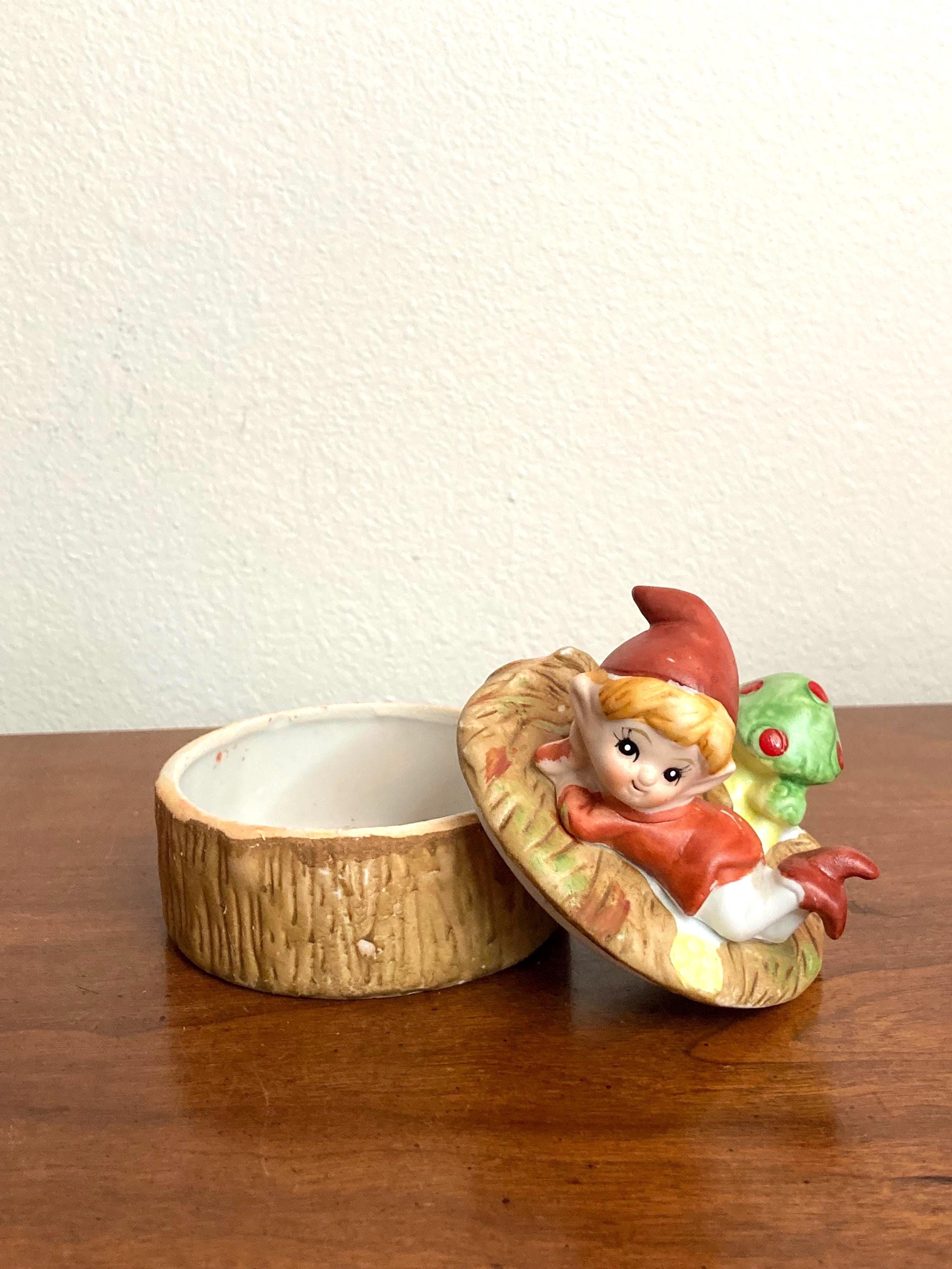 Vintage 1970s Pixie Elf Ceramic Trinket Box, Homco Fairy Gnome Stash ...