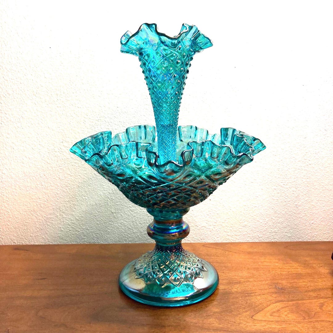Gorgeous Fenton Teal Blue Carnival Glass Ruffled Iridescent One Horn ...