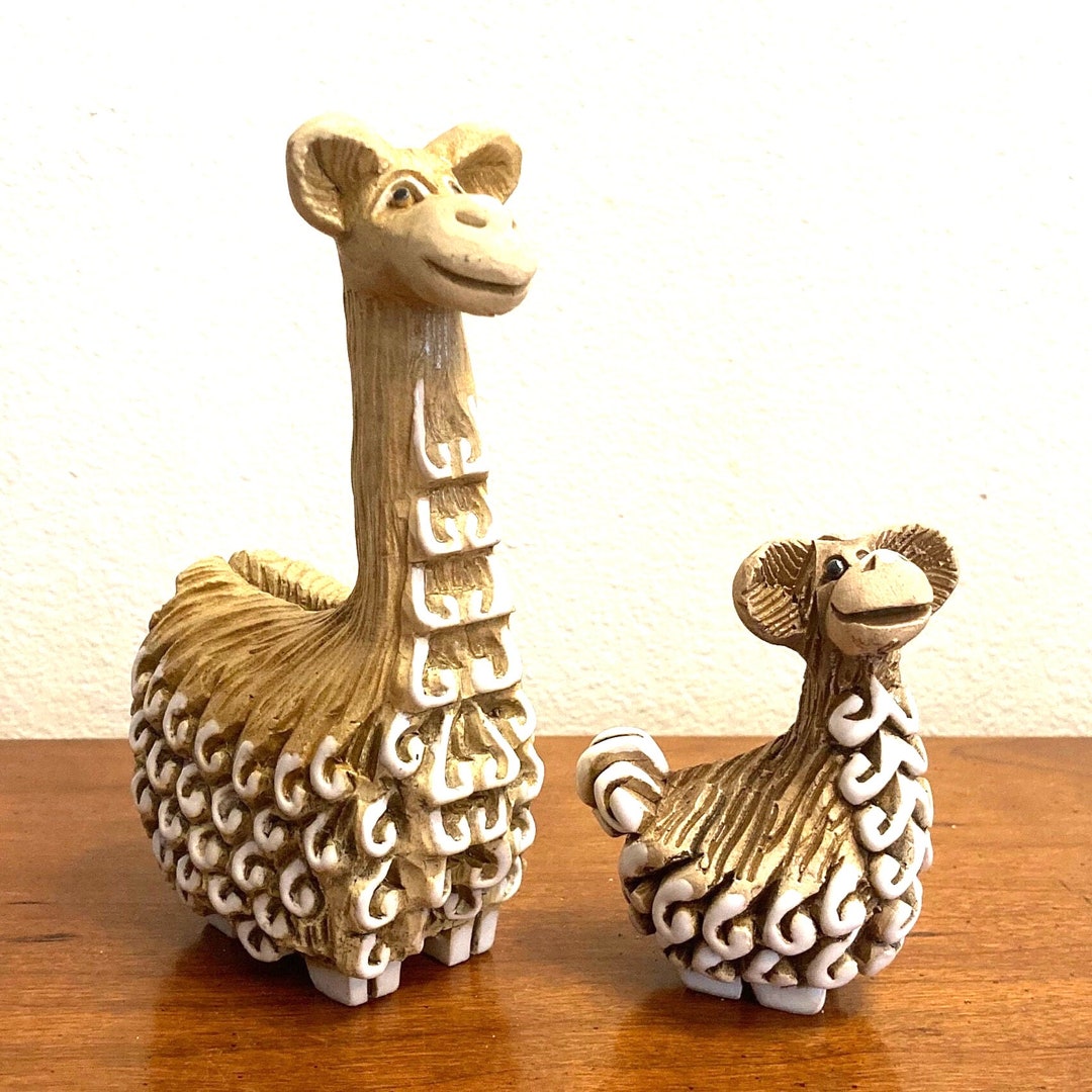 Rare Whimsical Llama Uruguayo Art: 1970s Vicuna & Baby Alpaca Sculpture ...