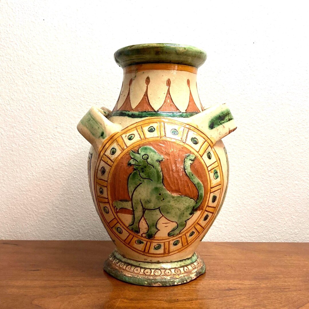 Antique Signed Italian Faience Lion Majolica Handled Terracotta Pottery ...