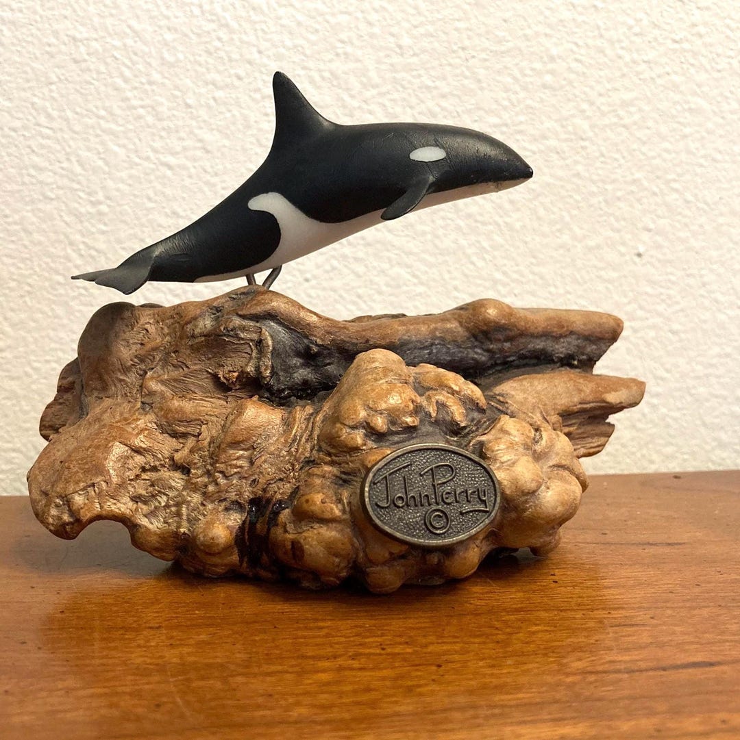 Vintage Minimalistic John Perry Orca Killer Whale on Burlwood Sculpture ...