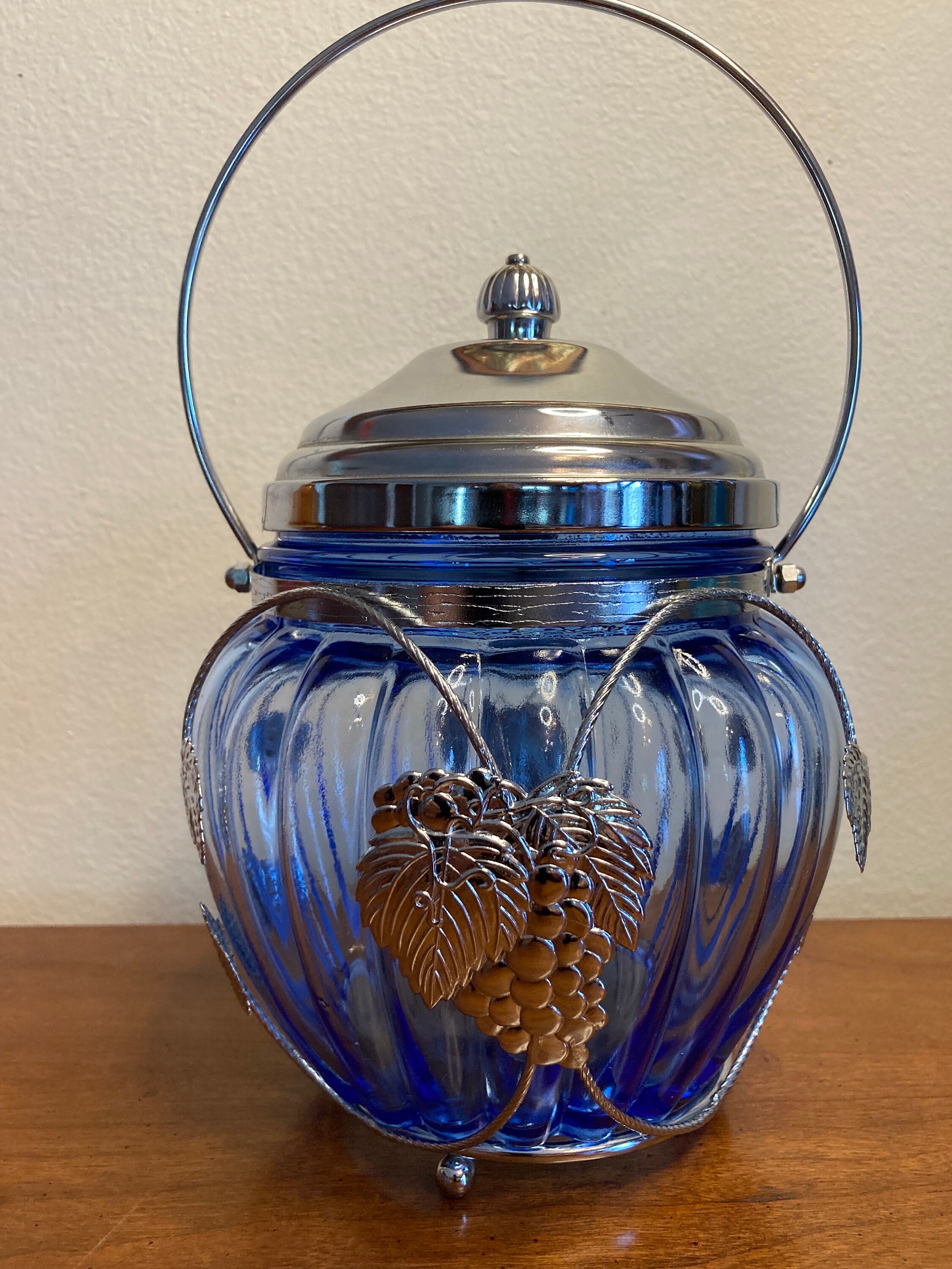 70s Japanese Ocean Blue Biscuit Jar With Silver Metal Overlay and ...