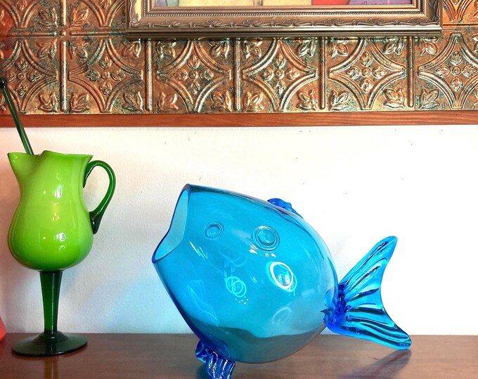 Large Ocean Blue Blenko Style Glass Fish Bowl Vase, MCM Coastal ...