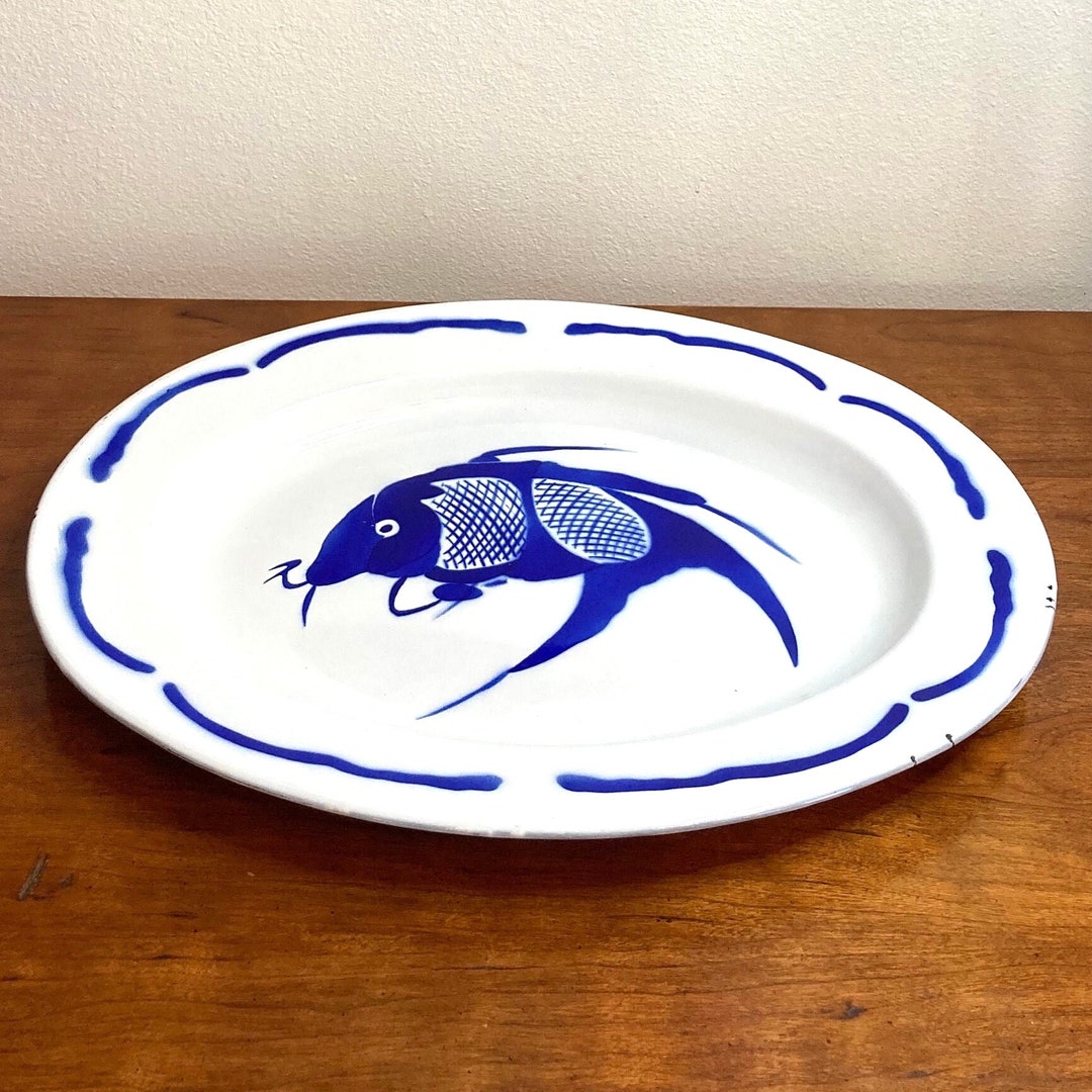 Fantastic Mid Century Asian Metal Enamelware Platter White and Cobalt ...