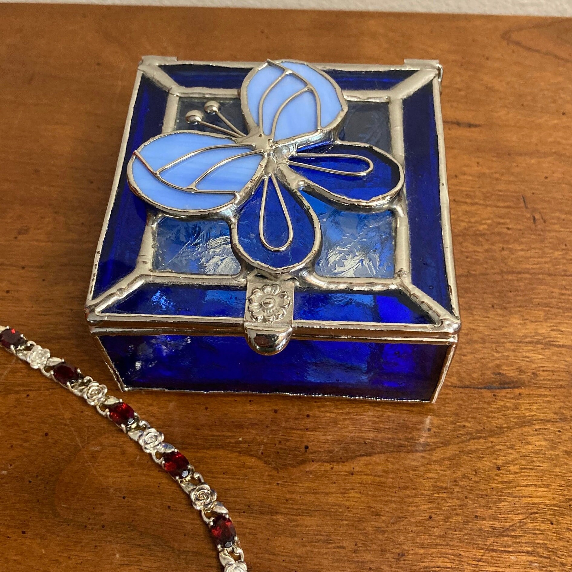 Vintage Cobalt Blue Stained Glass Butterfly Ring Box With 3D Medallion ...