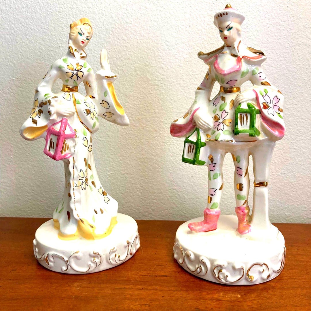 1950s Ceramic Asian Couple Statues With Toro Lanterns, Japanese Man and ...