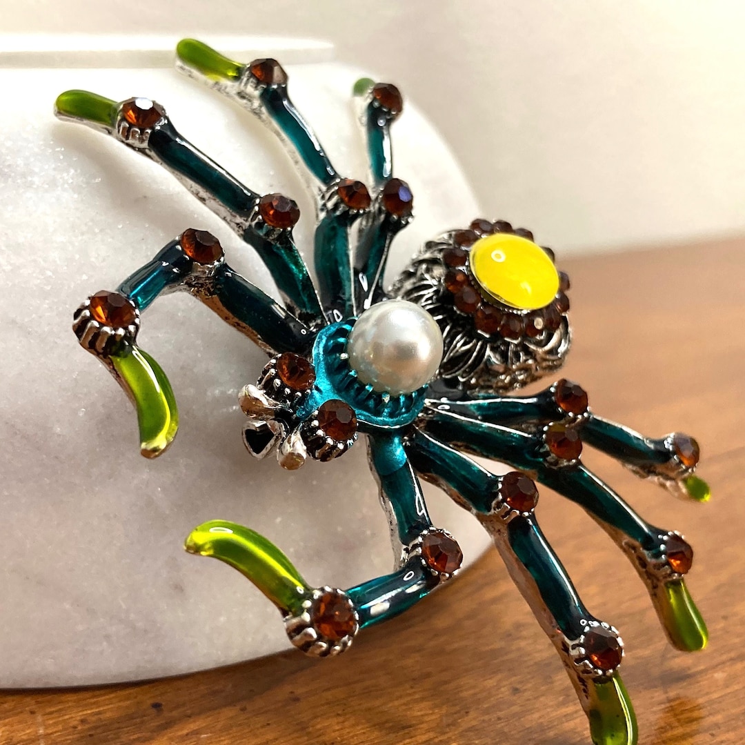 Vintage Beautiful Fashion Enamel Rhinestone Spider Brooch Pin, Large ...