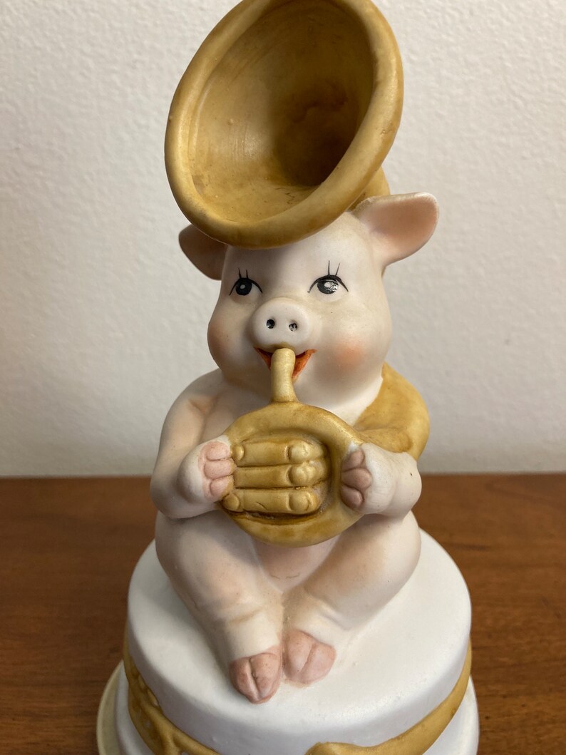 Vintage Whimsical Spinning Bisque Musical Pig With Tuba, Musical Box ...