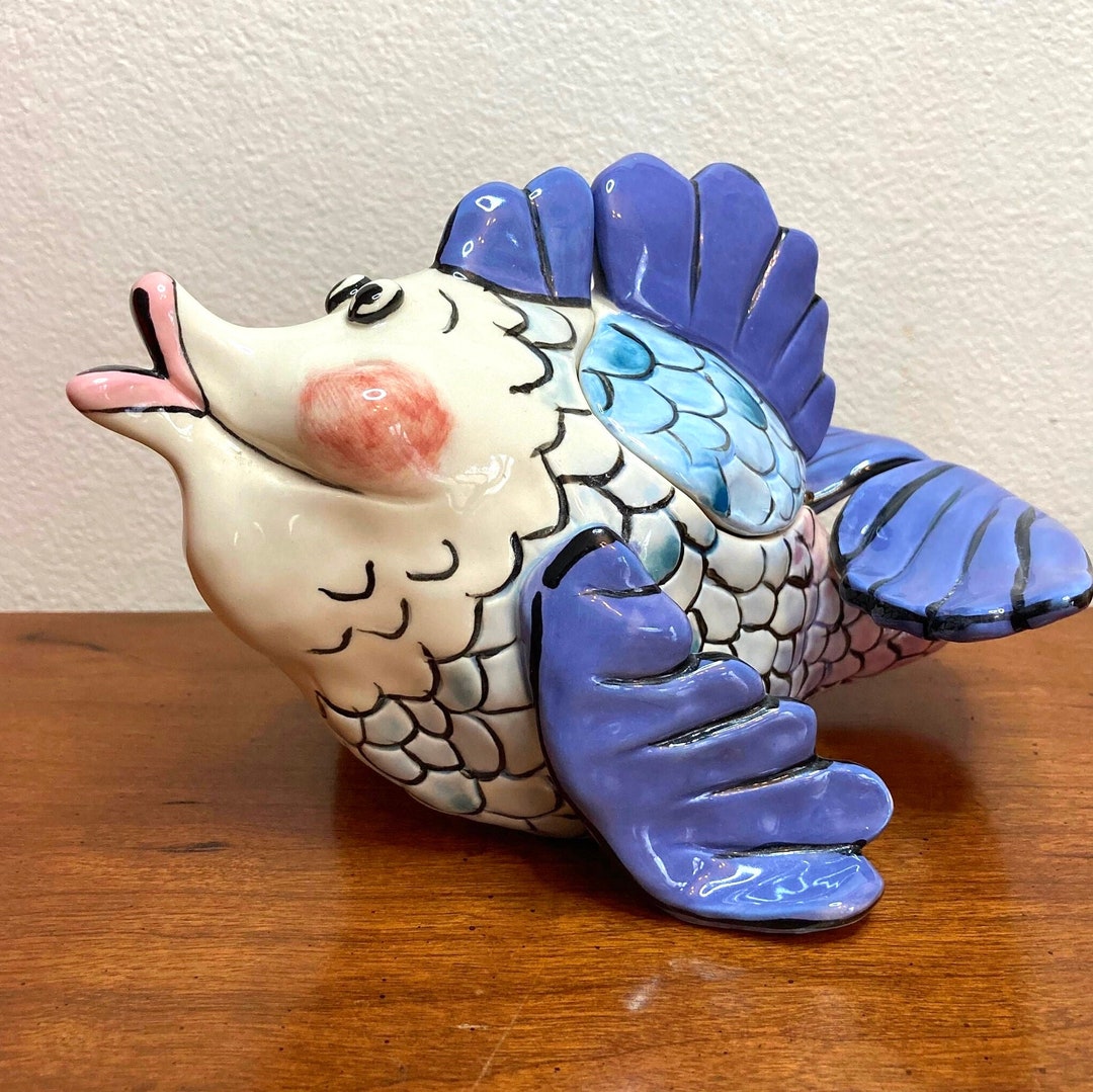 Vintage Whimsical Fish Blue Sky Clayworks Hinged Trinket Box, Signed Artist Heather Goldmine ...