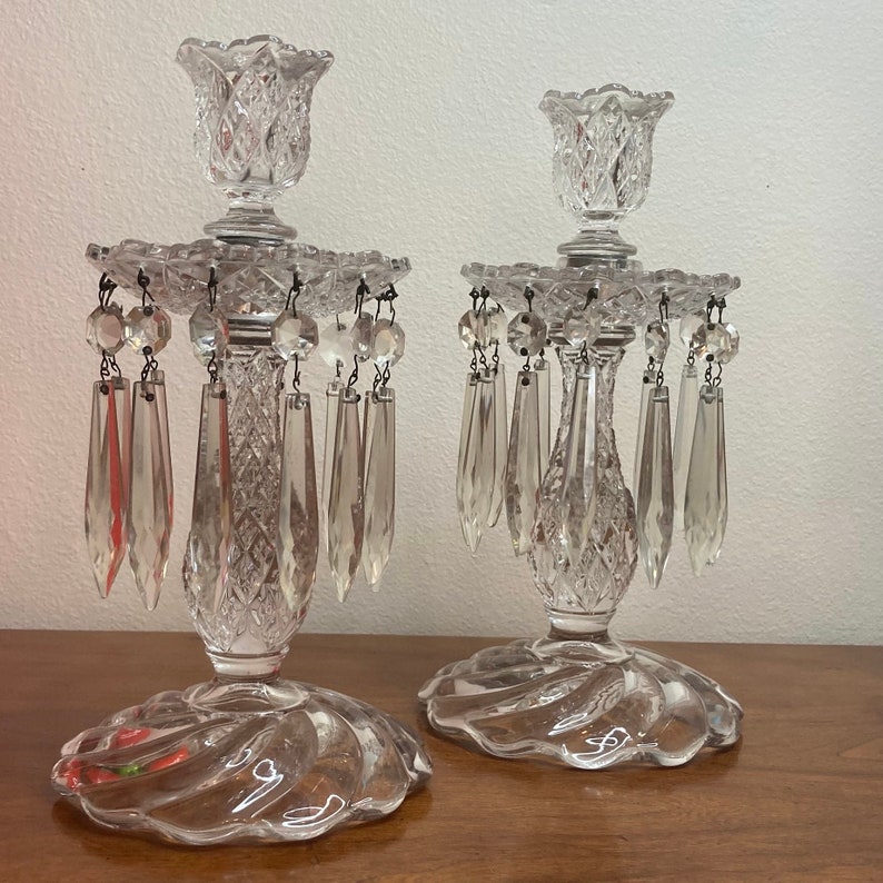 Gorgeous American Glass Convertible Candelabrums With Glass Drop Prisms ...