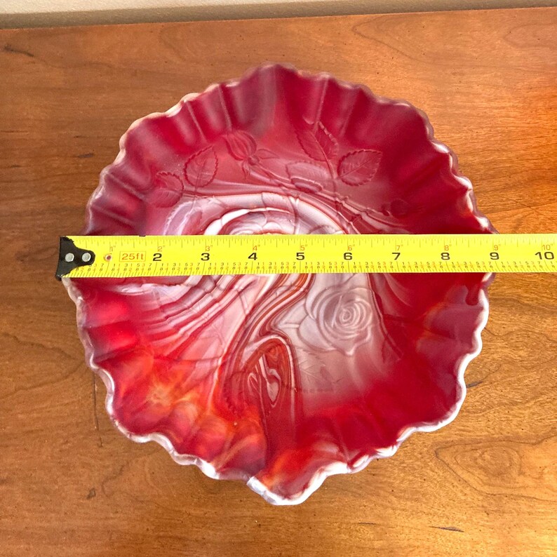 1950s Imperial Red Slag Glass Bowl, Rose Embossed Ruffled Rim, Bright ...