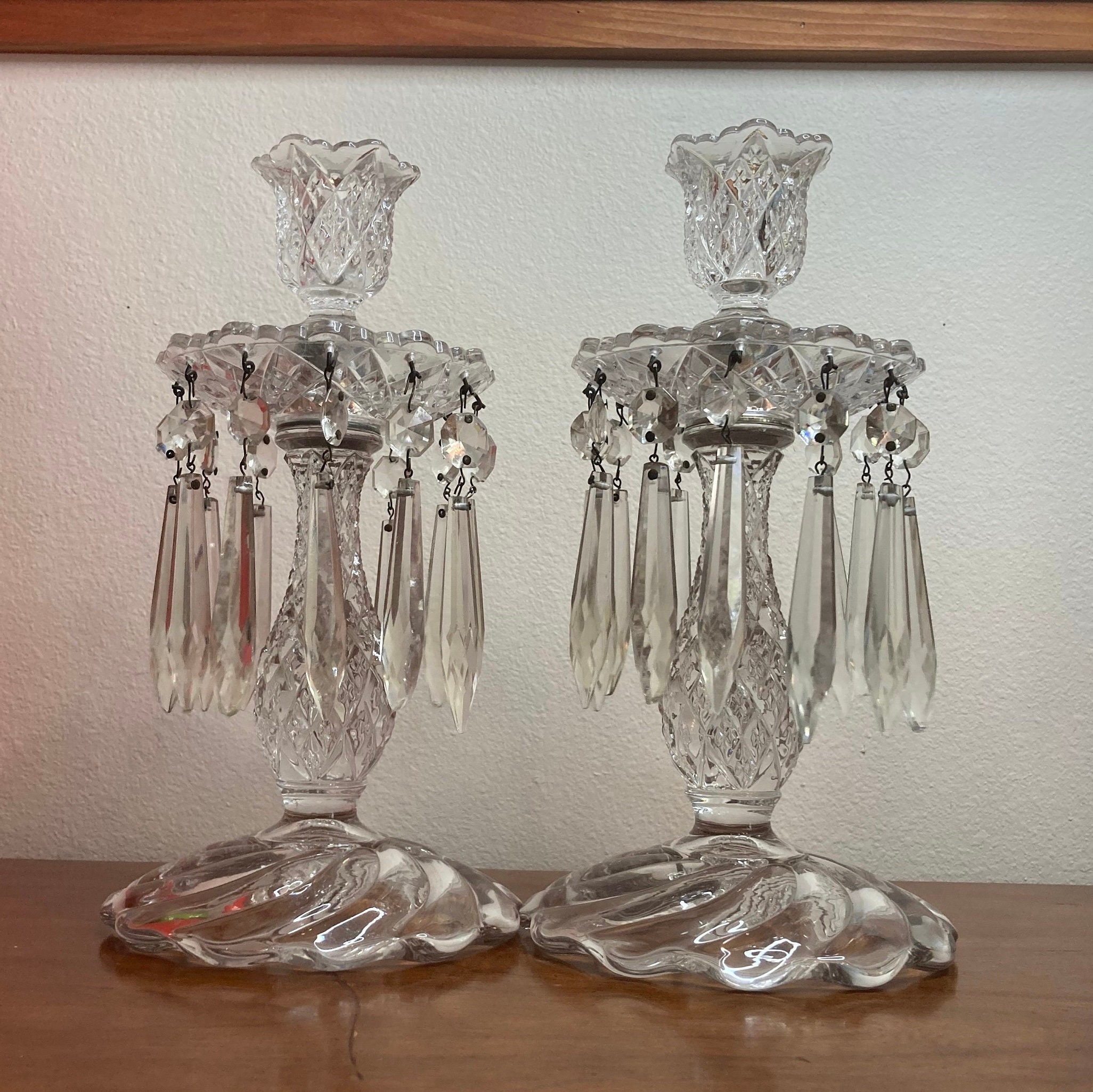 Gorgeous American Glass Convertible Candelabrums With Glass Drop Prisms ...