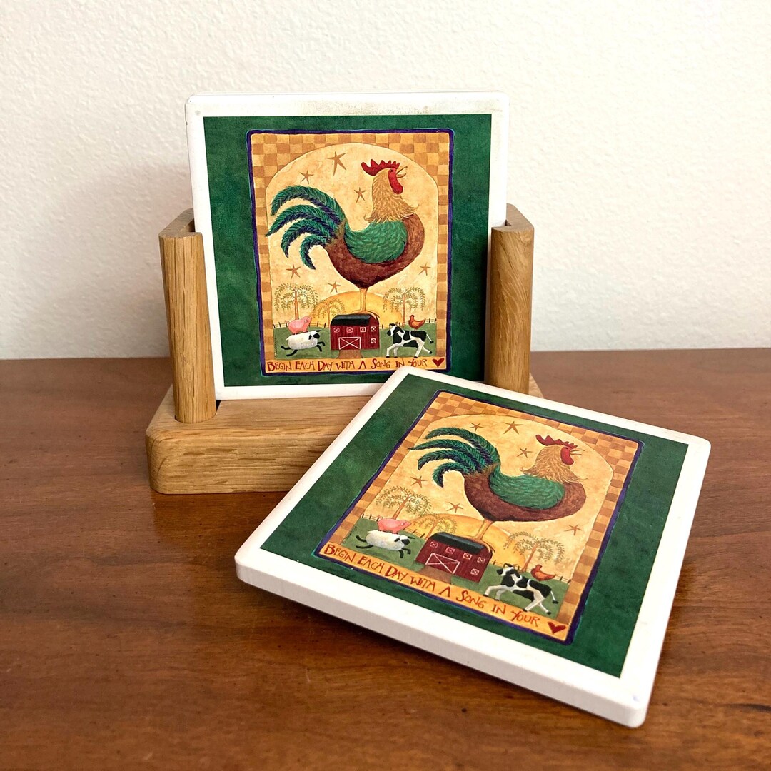 Vintage Rooster Ceramic Tile Coaster Set, Set of 4, Matching Oak Holder ...