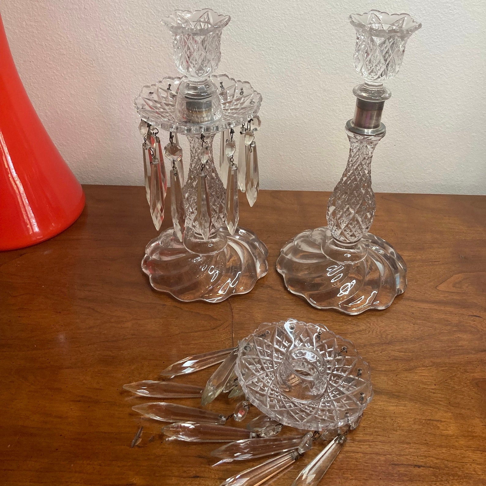 Gorgeous American Glass Convertible Candelabrums With Glass Drop Prisms ...
