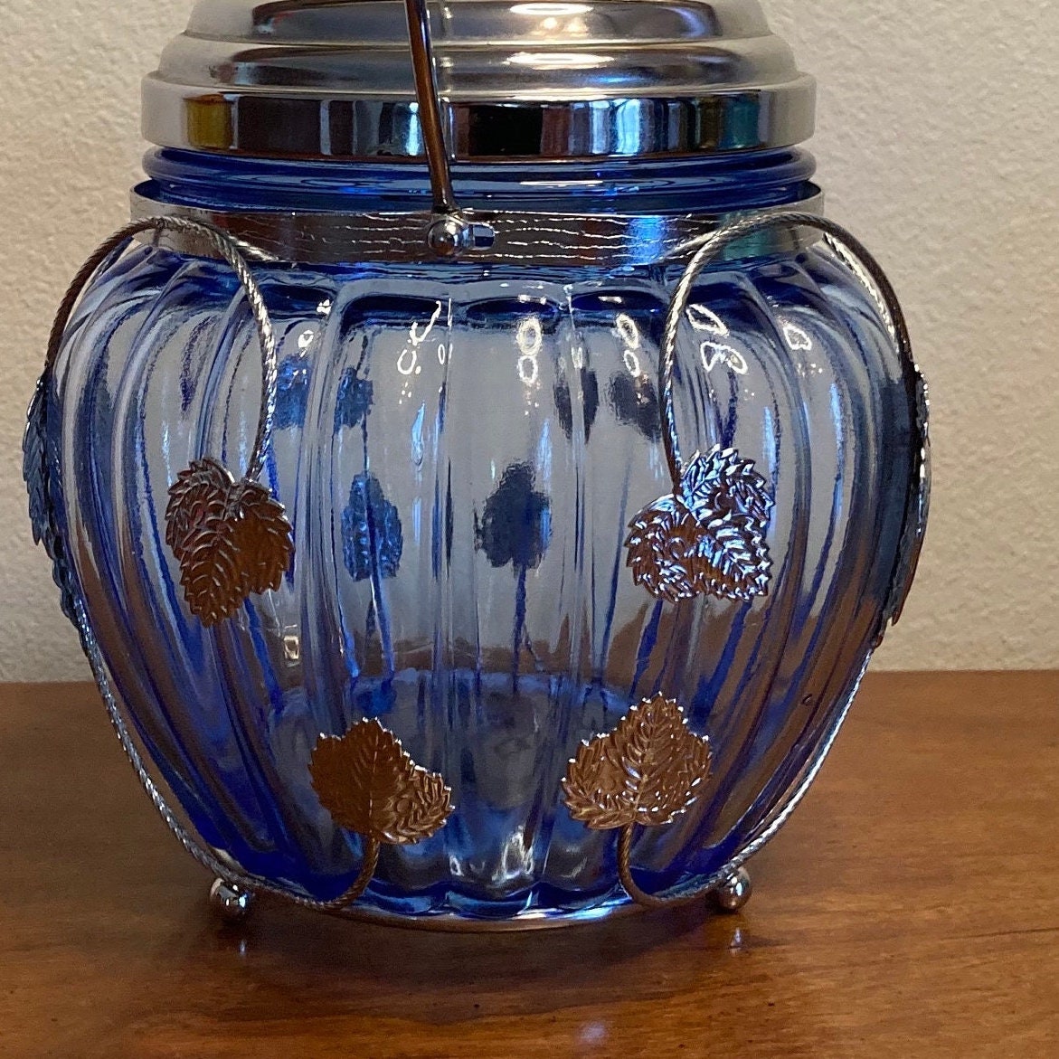 70s Japanese Ocean Blue Biscuit Jar With Silver Metal Overlay and ...