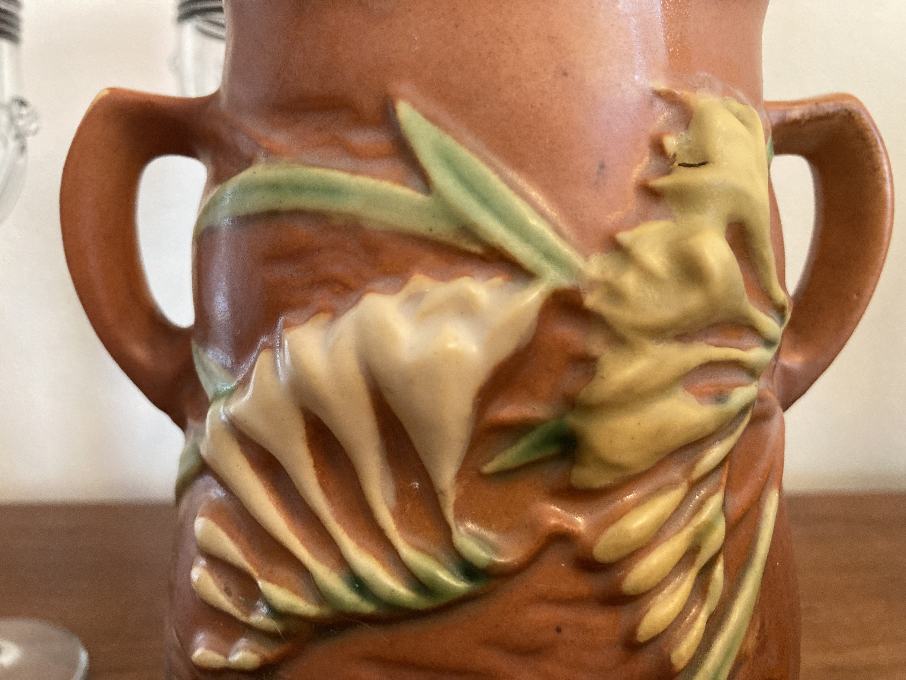 Roseville Art Pottery Freesia Two Handled Vase Ombré Tangerine to Brown ...