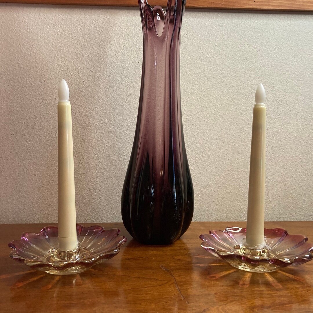 Pair of Federal Glass Candle Holders, Celestial Luminous Starburst ...