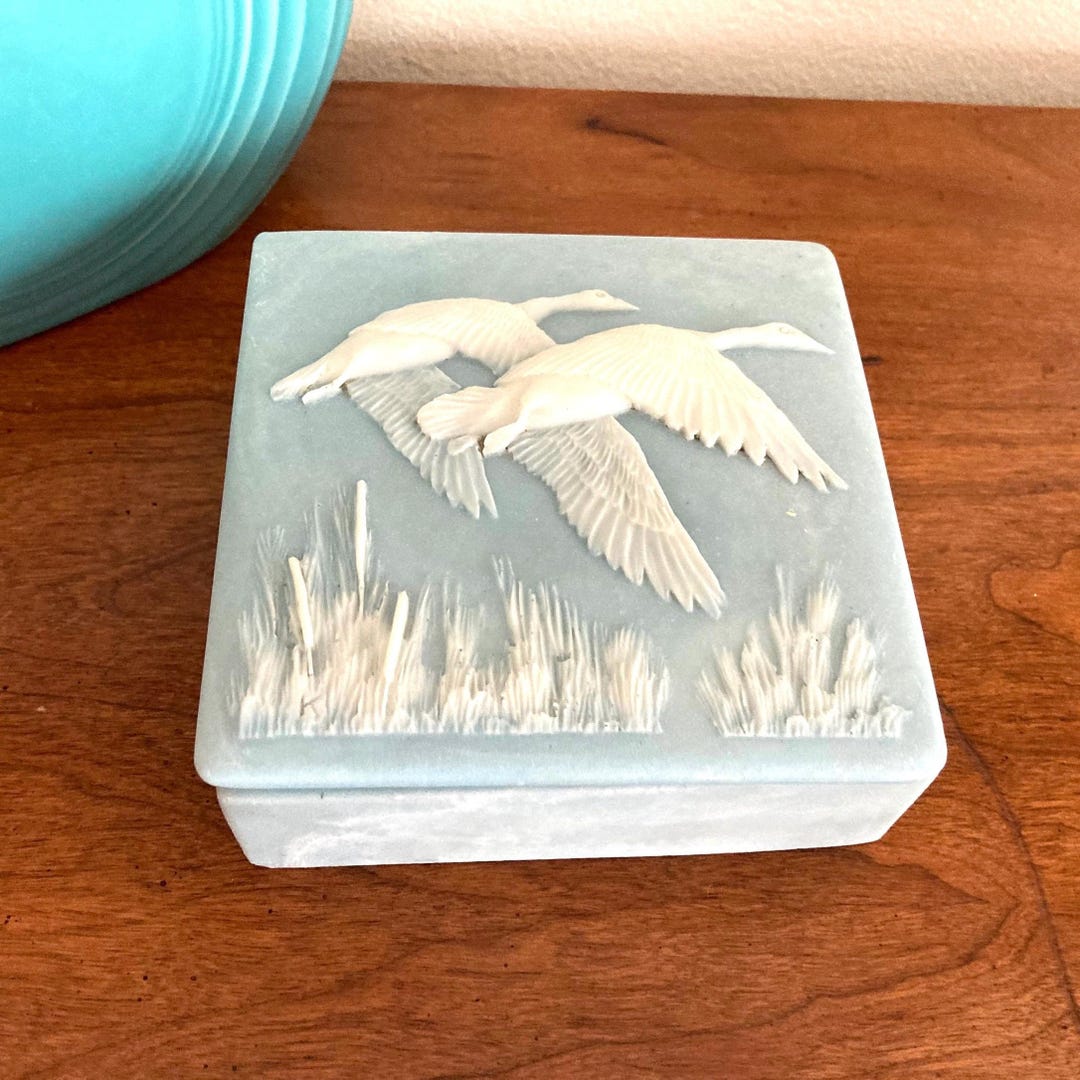 1960s Retro Blue Incolay Square Carved Soapstone Bird in Flight Jewelry ...