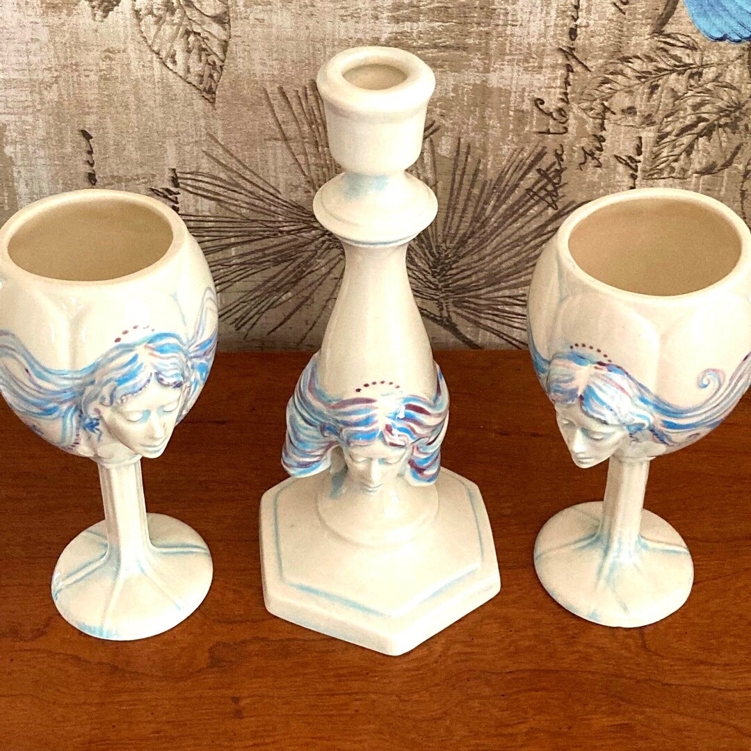 Rare Vintage Duncan Ceramics Lady Face Profile Candlestick & Goblets ...
