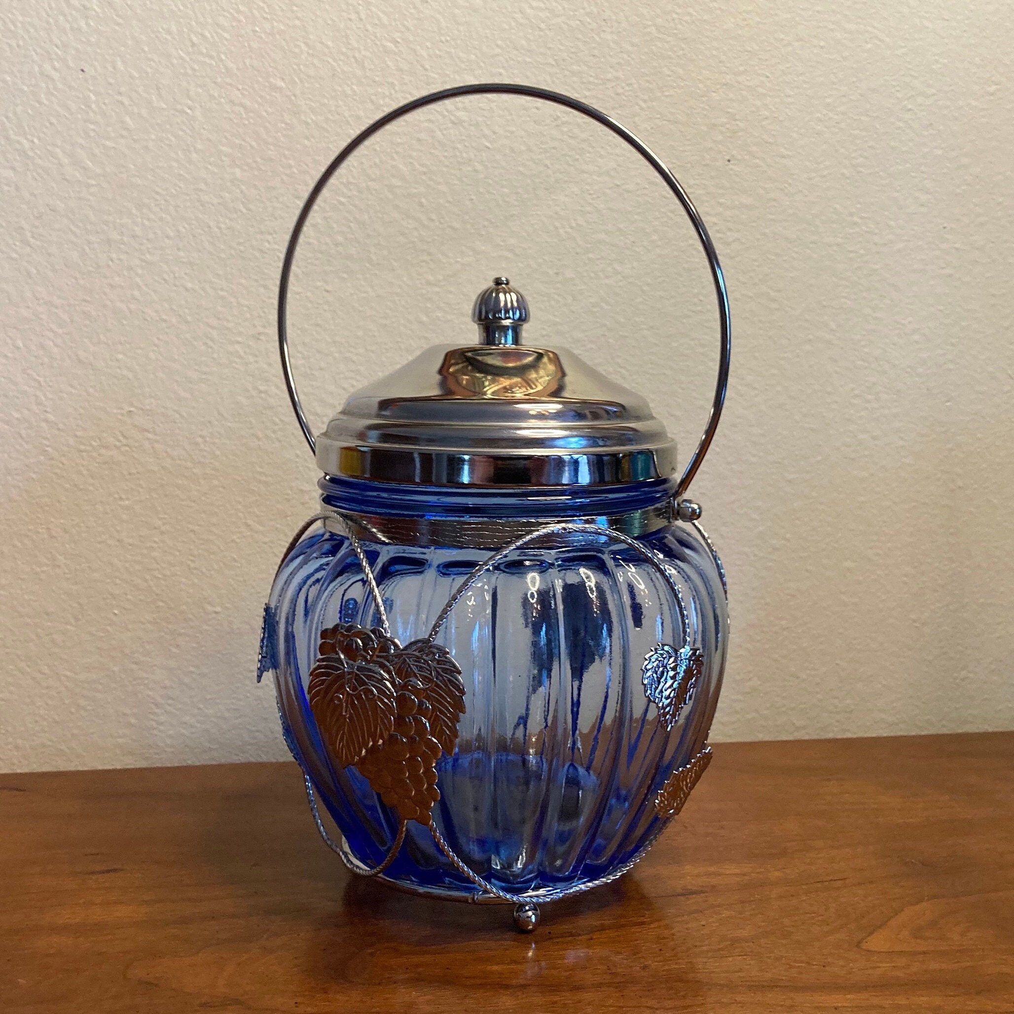 70s Japanese Ocean Blue Biscuit Jar With Silver Metal Overlay and ...