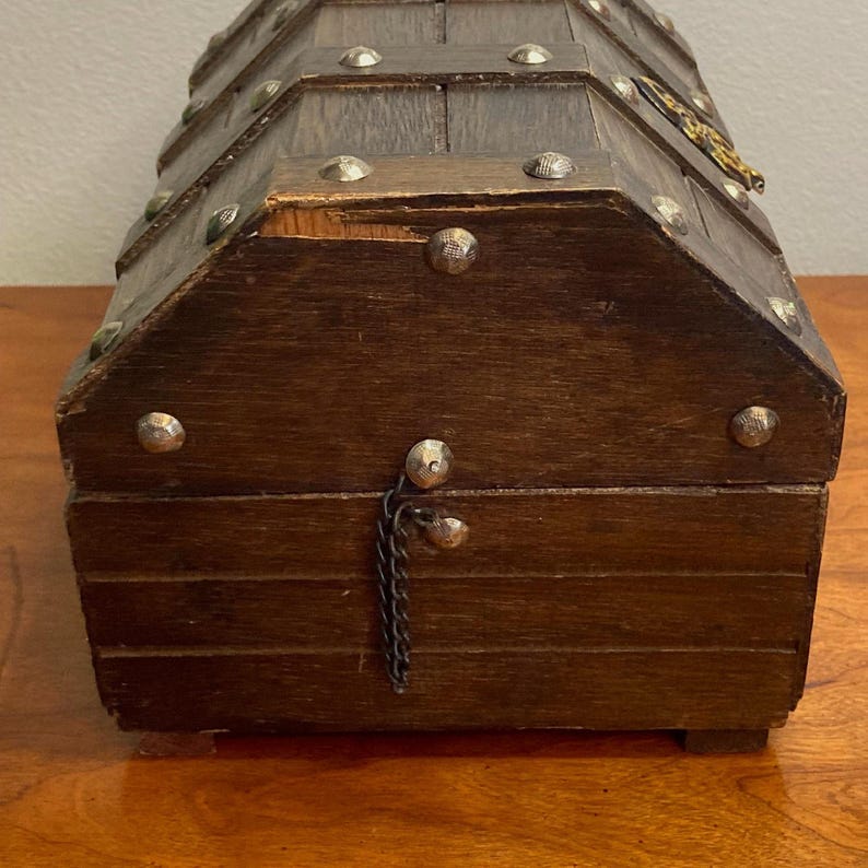70s Wooden Pirate Treasure Chest, Gothic Jewelry Box, Lion Heads and ...