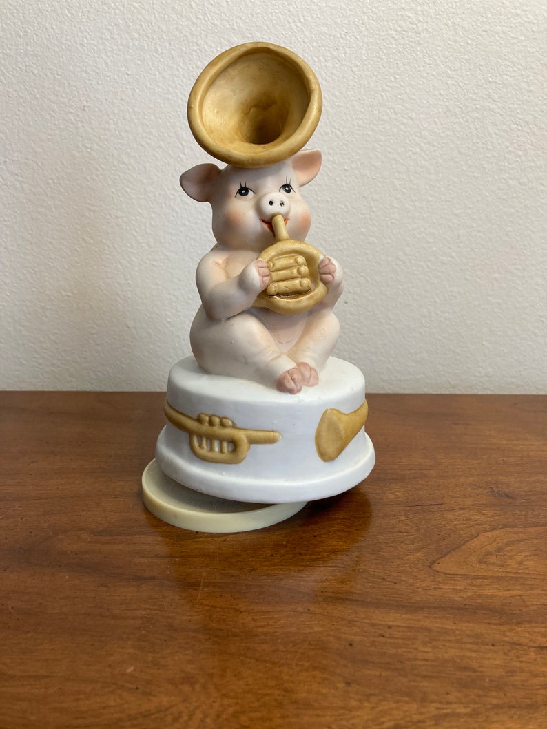 Vintage Whimsical Spinning Bisque Musical Pig With Tuba, Musical Box ...