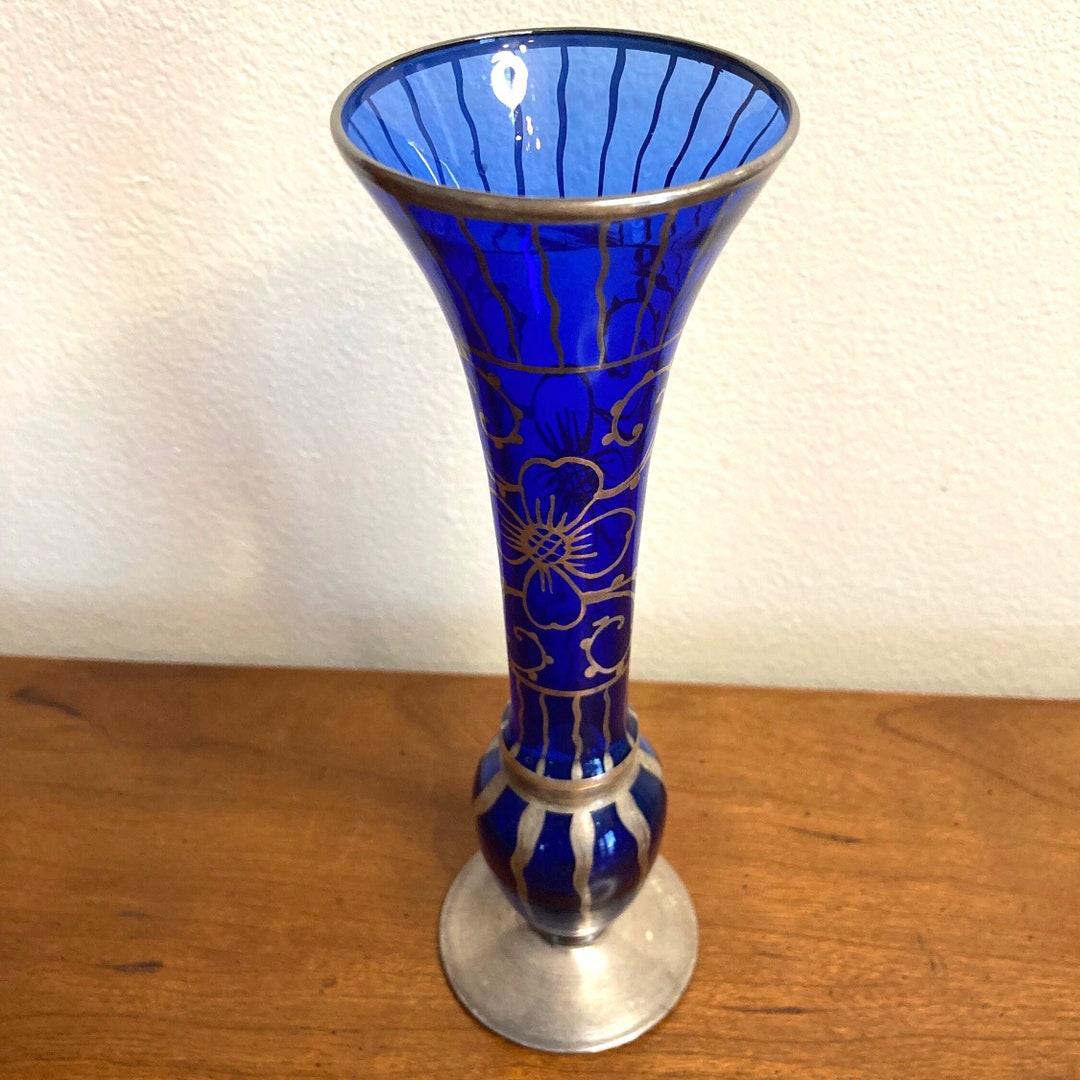 Vintage Cobalt Blue Italian Bud Vase With Silver Floral Pattern, Silver ...