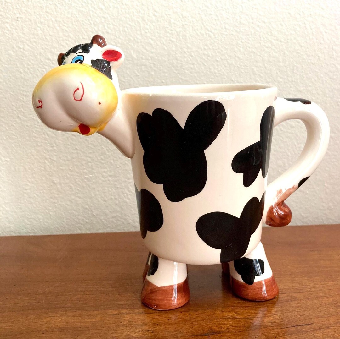 Vintage Adorable Ceramic Cow Figural Mug on Pedestal Feet, Black and ...