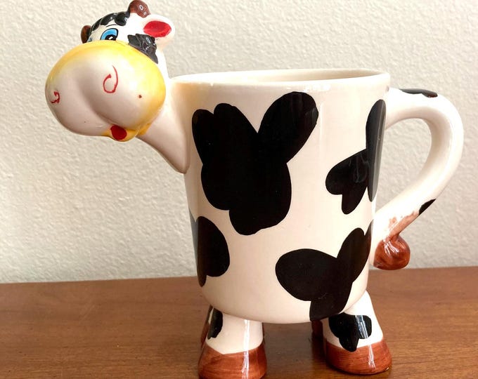 Vintage Adorable Ceramic Cow Figural Mug on Pedestal Feet, Black and ...