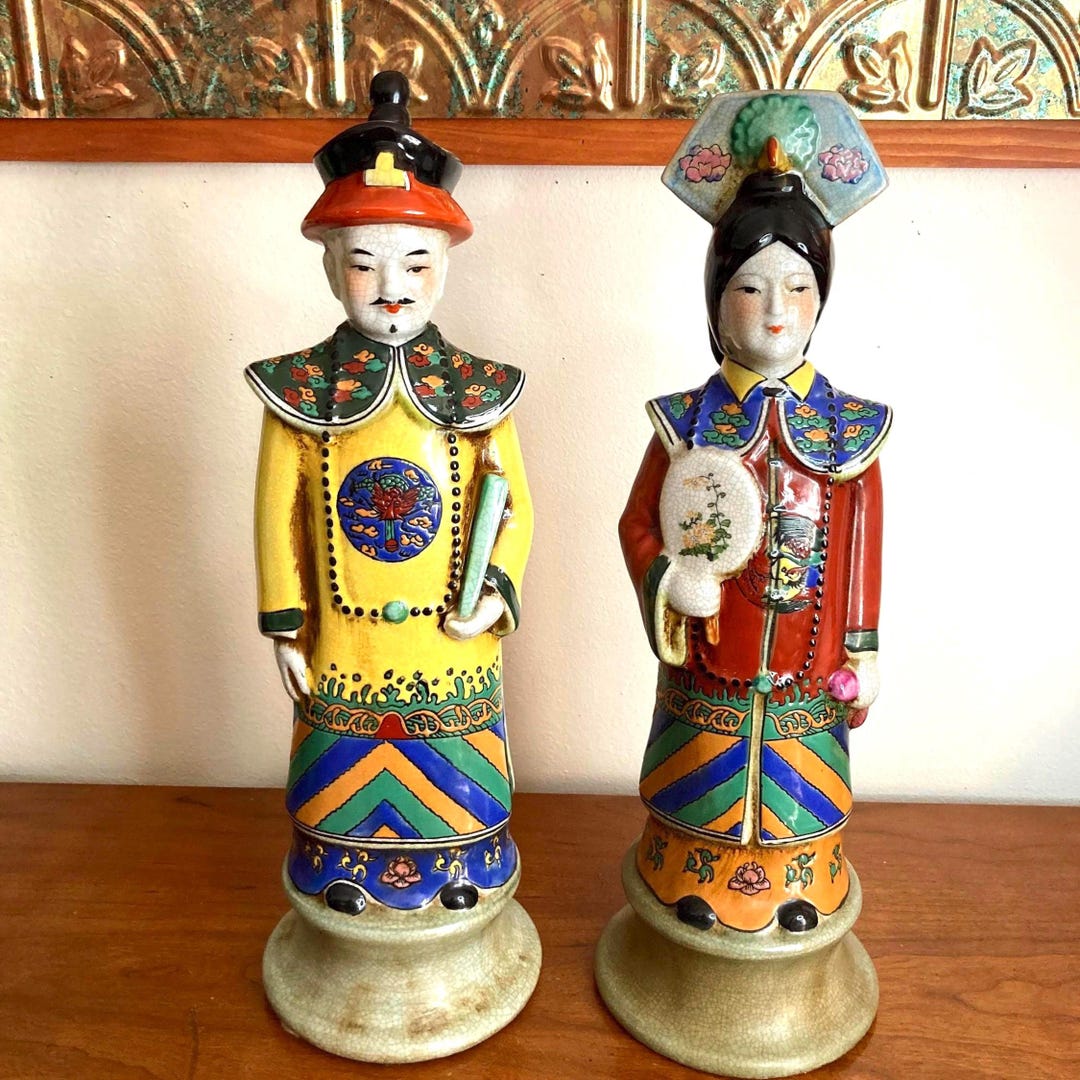 Vintage Chinese Famille Rose Emperor & Empress Statues, Set 2, Qing ...