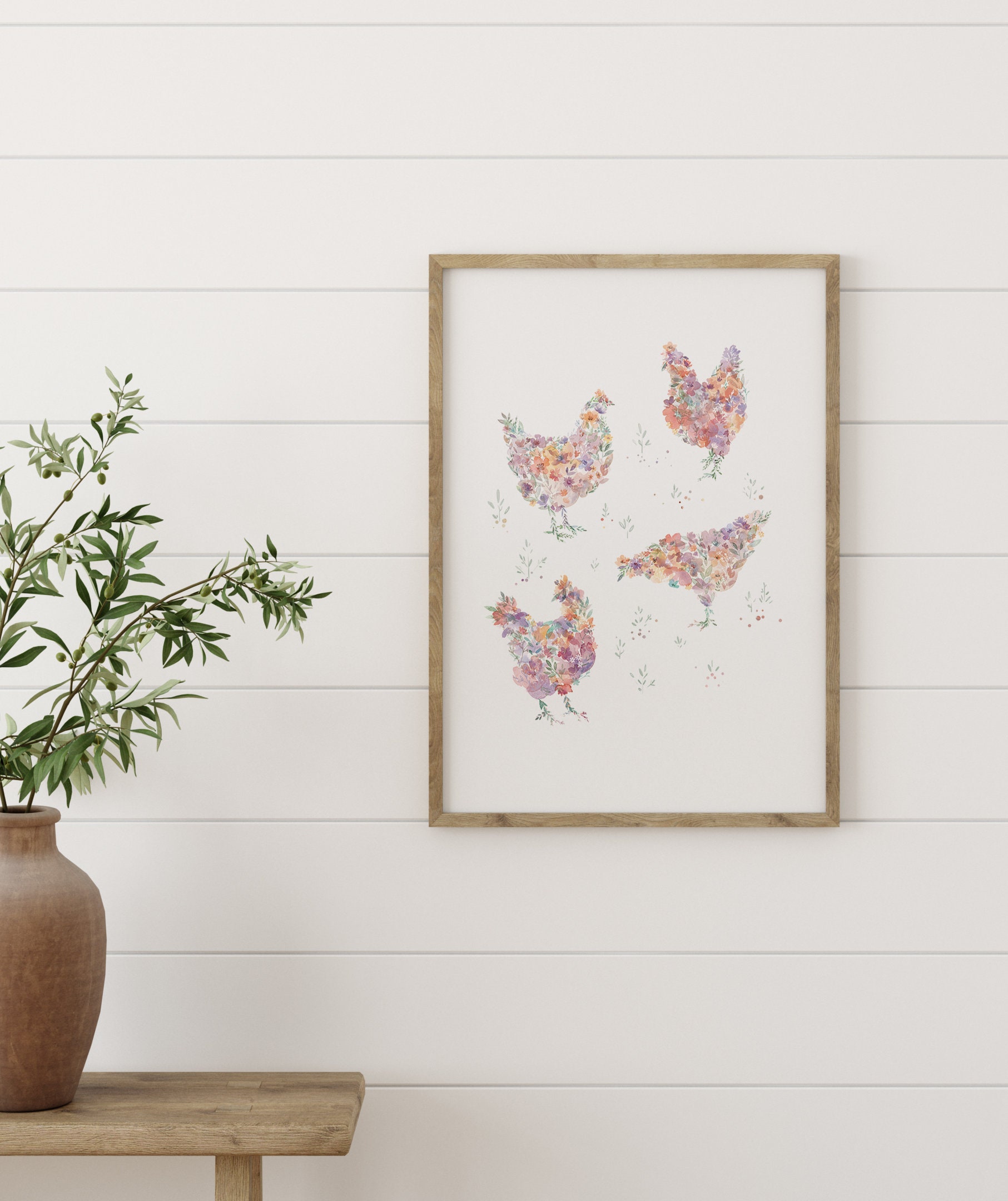 Botanical Flowers Chickens Printable Wall Art, Wildflower Watercolor ...