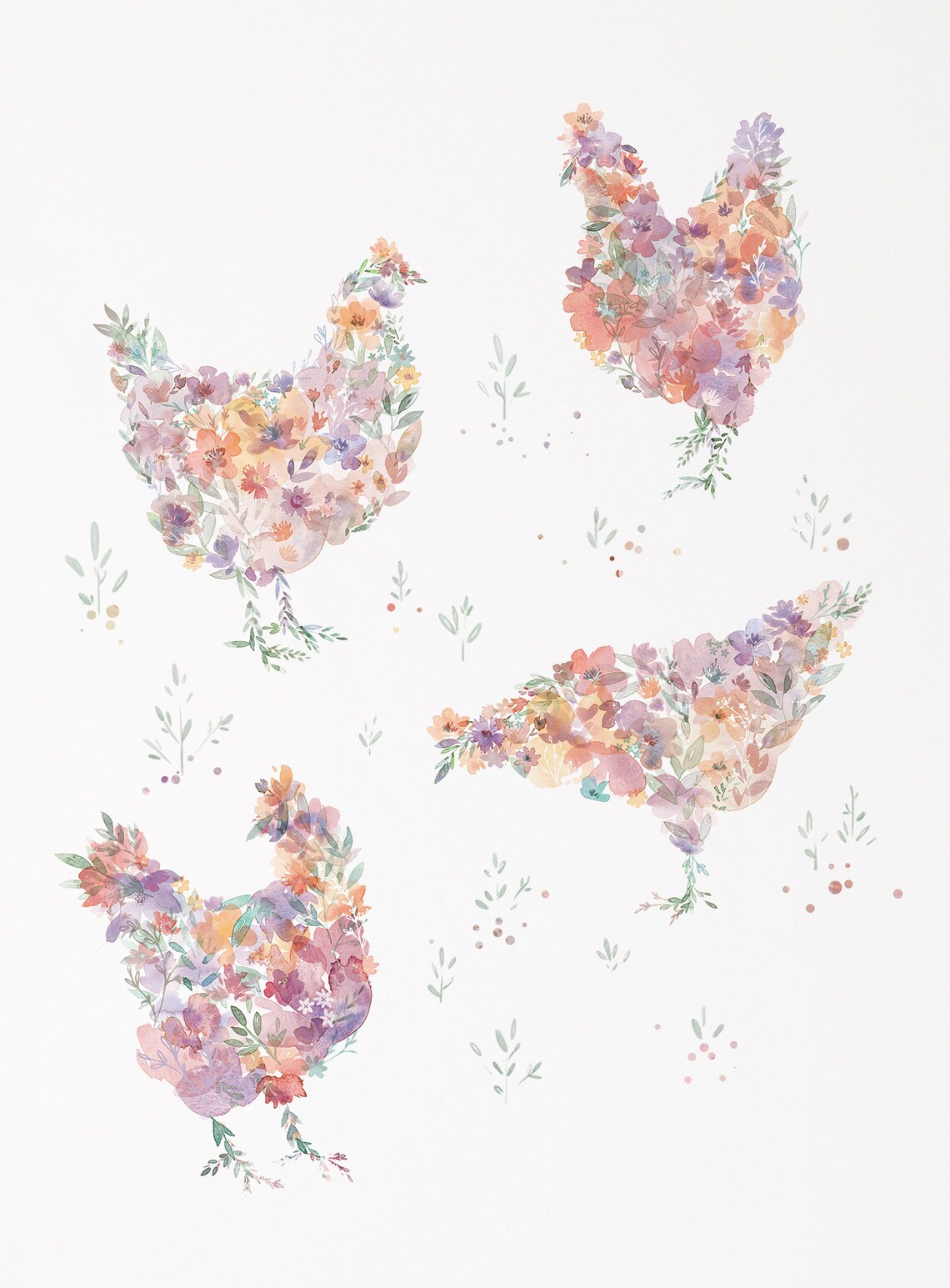 Botanical Flowers Chickens Printable Wall Art, Wildflower Watercolor ...