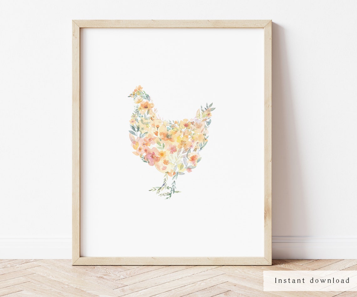 Floral Chicken Printable Wall Art, Wildflower Watercolor Instant ...
