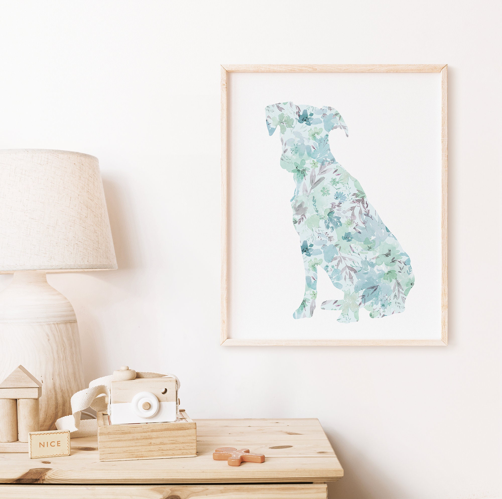 Floral Dog Silhouette Aqua Printable Wall Art, Floral Dog Portrait ...