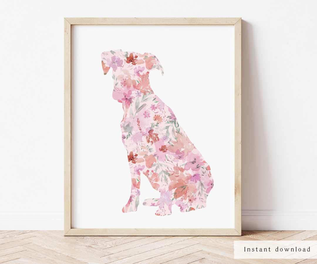 Floral Dog Silhouette Pink Printable Wall Art Flower - Etsy