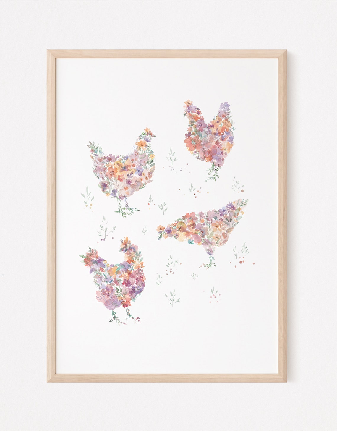 Botanical Flowers Chickens Printable Wall Art, Wildflower Watercolor ...