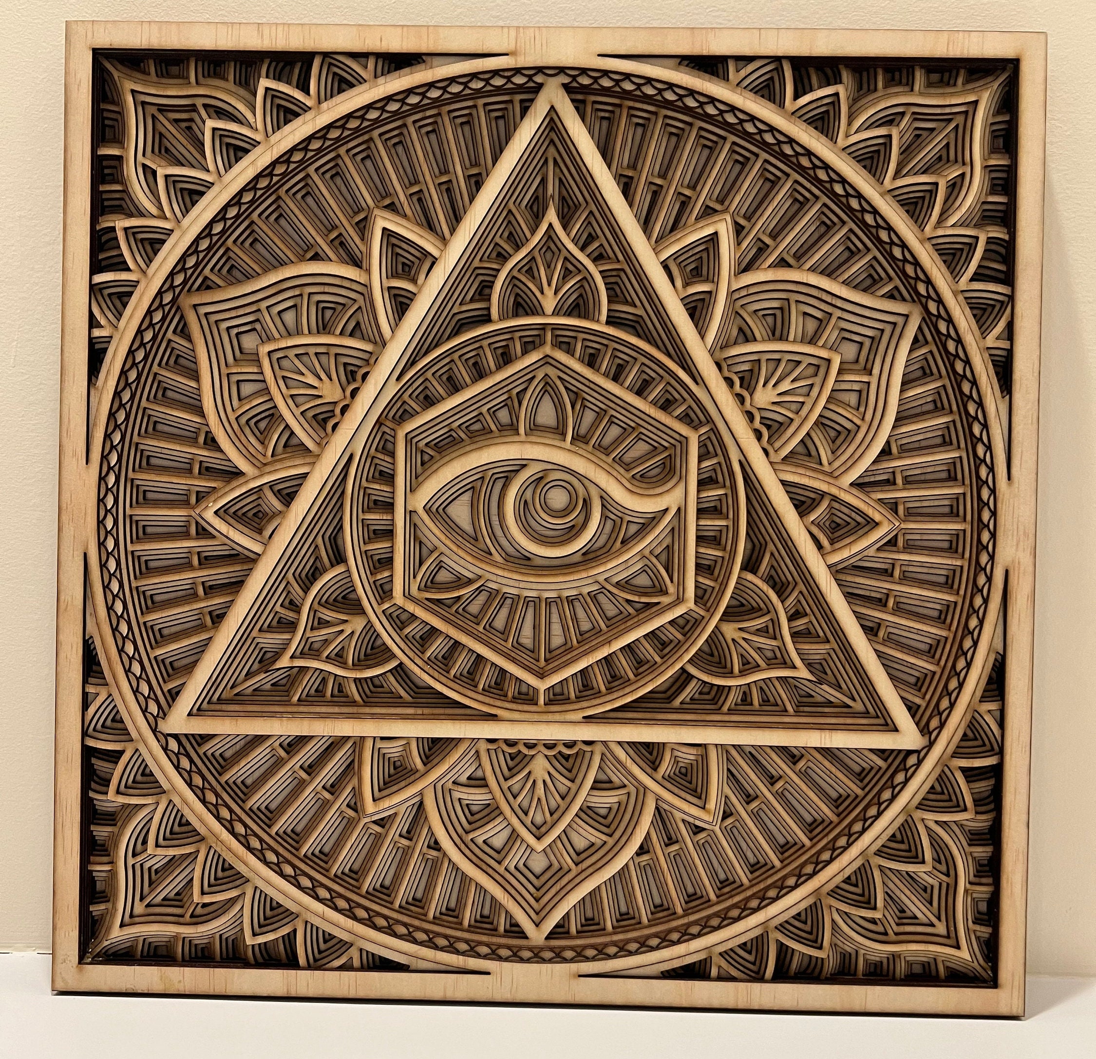 Handcrafted Layered Wood Wall Art - Intricate Eye of Wisdom Pyramid ...