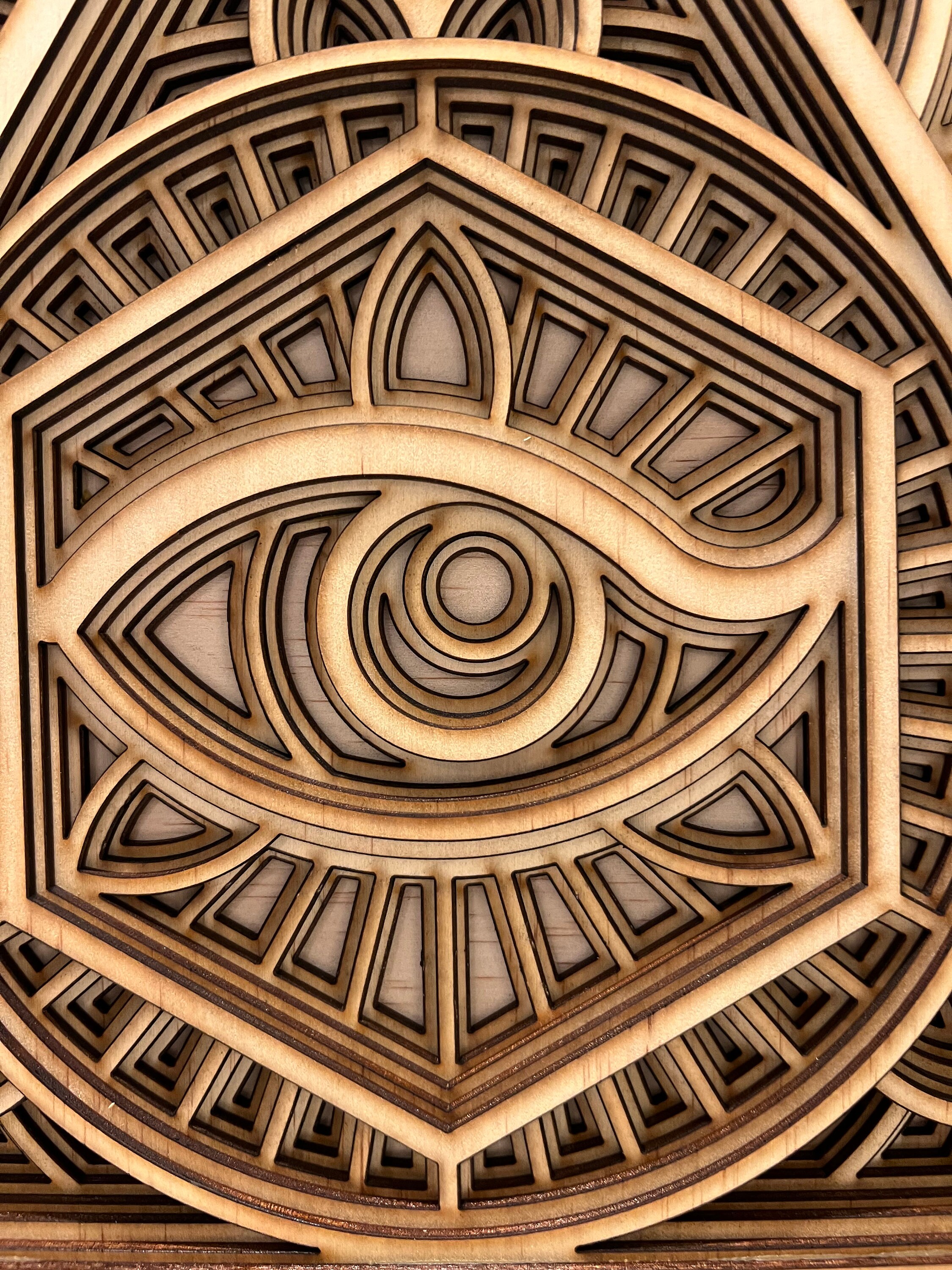 Handcrafted Layered Wood Wall Art - Intricate Eye of Wisdom Pyramid ...
