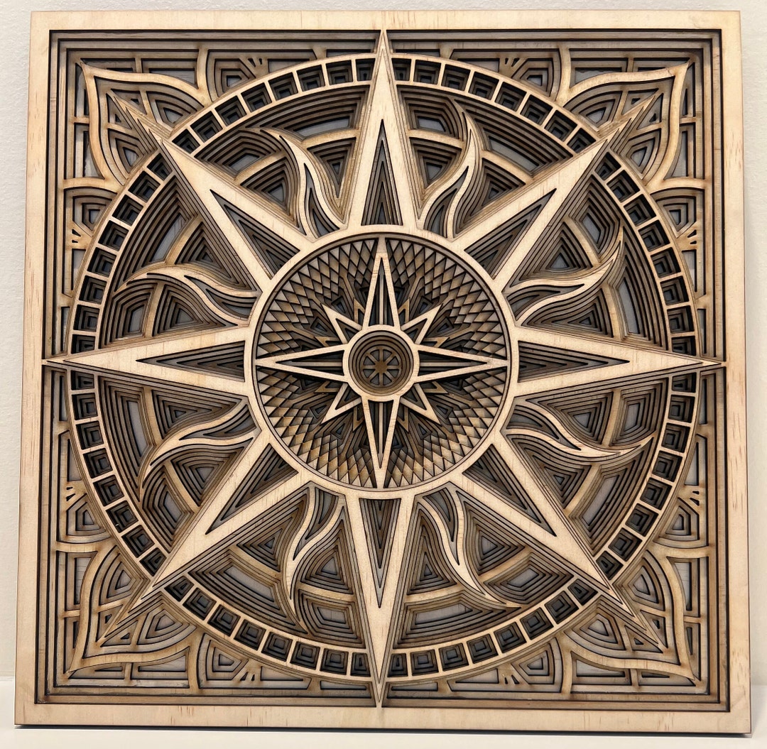 Intricate Sun Inspired Compass - Handcrafted Layered Wood Wall Art ...