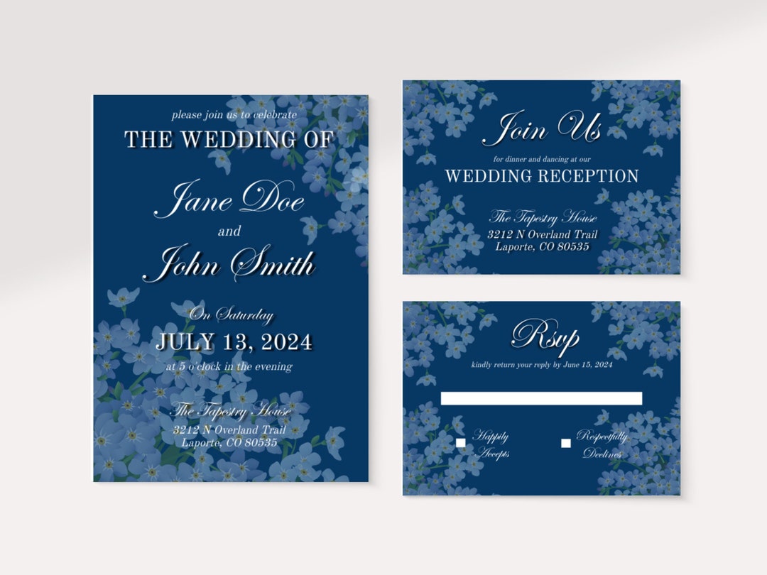 Digital Navy Blue Forget Me Not Wedding Invitation Suite Template Fully ...