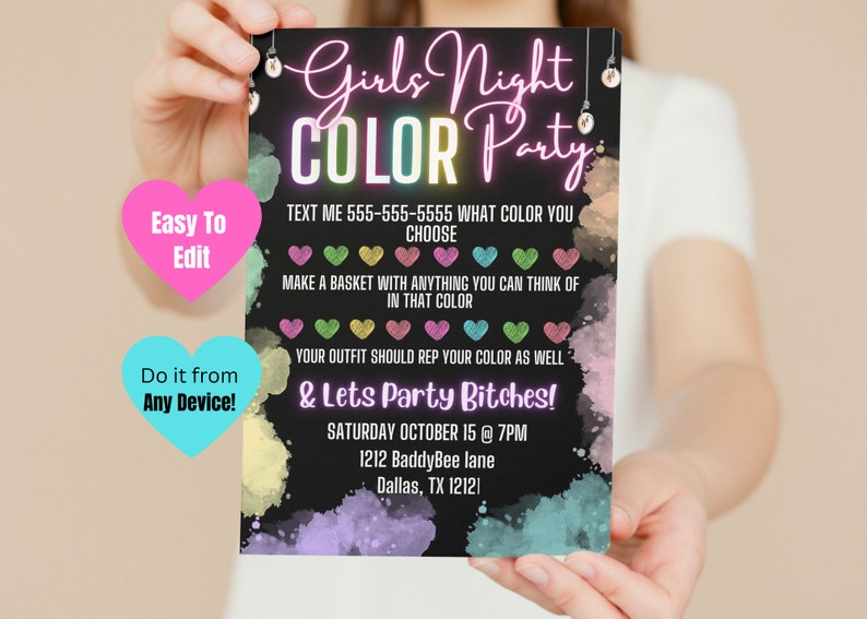 Color Party Invitation, Editable Template Online, Rainbow Party, Tiktok ...