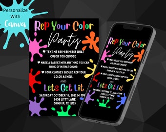 Color Party Invitation, Editable Template Online, Rainbow Party, Tiktok ...