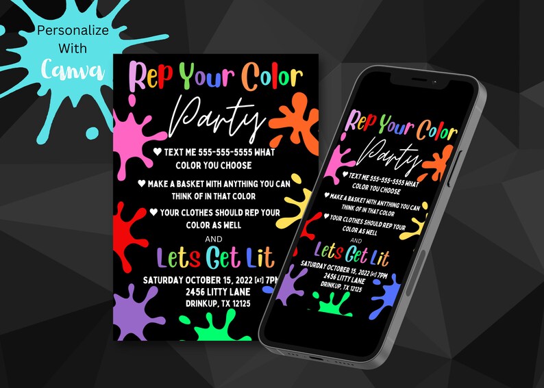 Color Party Invitation, Editable Template Online, Rainbow Party, Tiktok ...