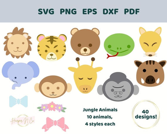 Cute Jungle Animal Heads With Flowers and Bow Sublimation - Etsy