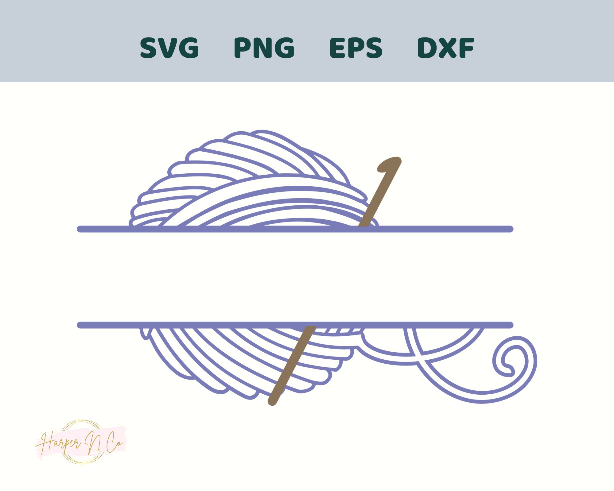 Split Yarn and Crochet Hook SVG, Line Drawing Ball of Yarn Monogram PNG ...