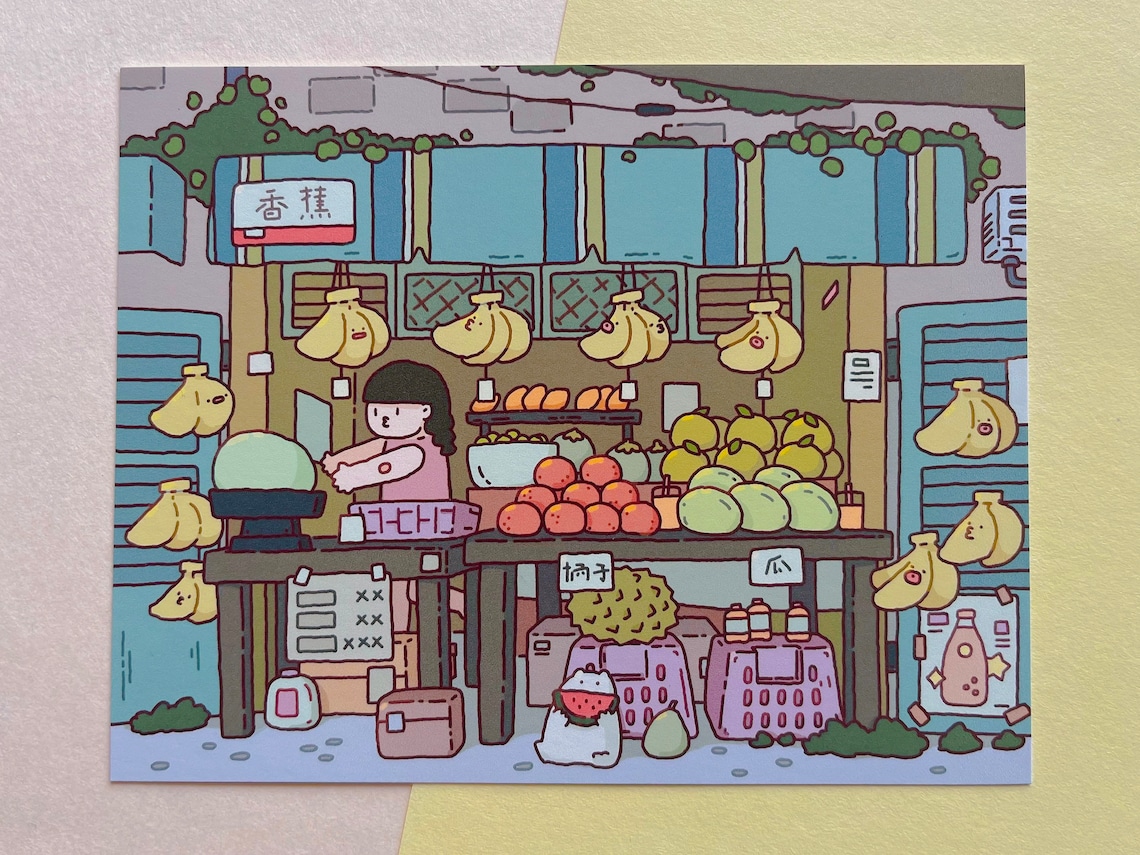 Fruit Stand Art Print Funky Banana Orange Melon Kawaii Art - Etsy
