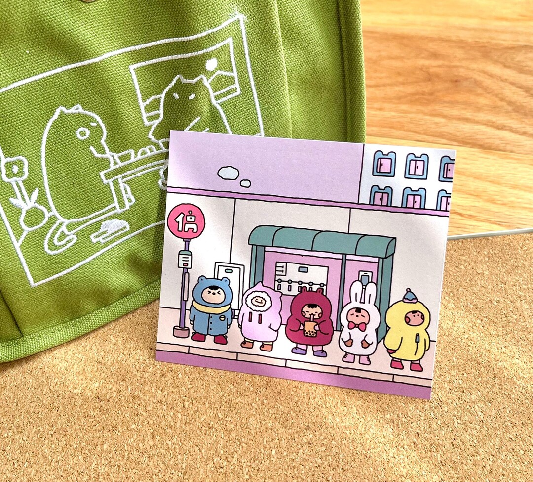 Cute Bus Stop Puffy Jacket Art Print | Kawaii Anime Style Postcard ...