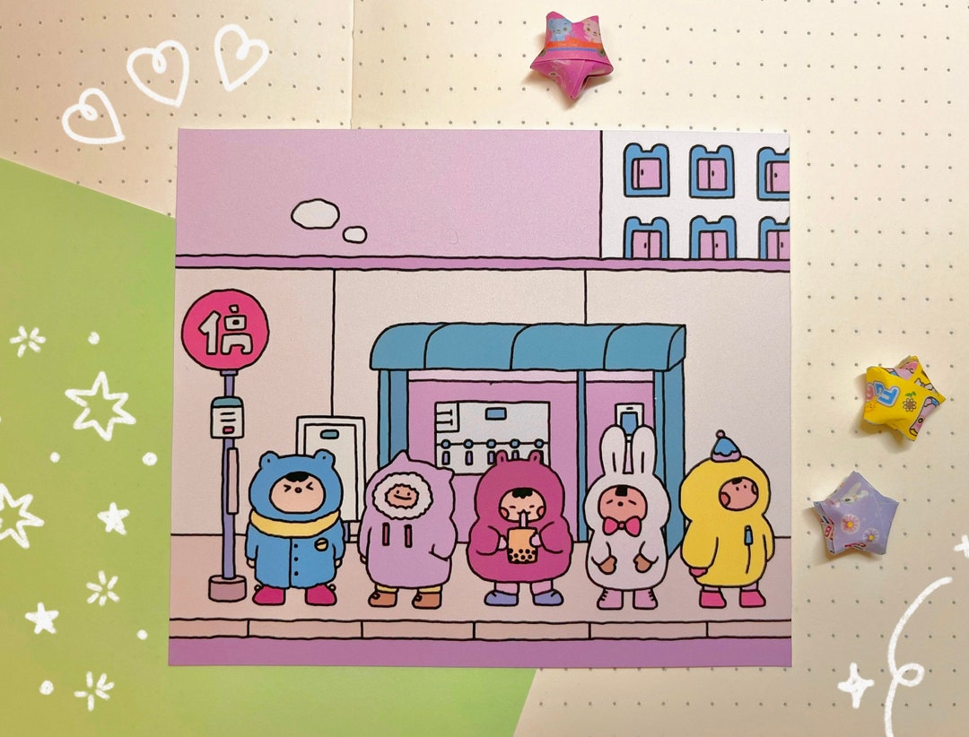 Cute Bus Stop Puffy Jacket Art Print Aesthetic Kawaii Art on Card Stock ...