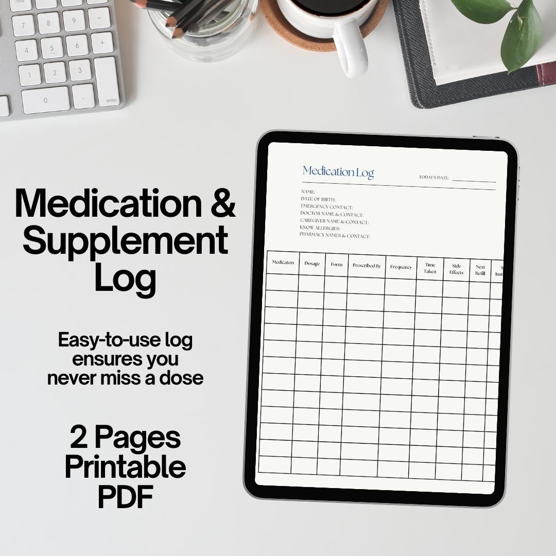 Medication Log Tracker Supplement Nutrition Log Tracker Daily Medicine ...